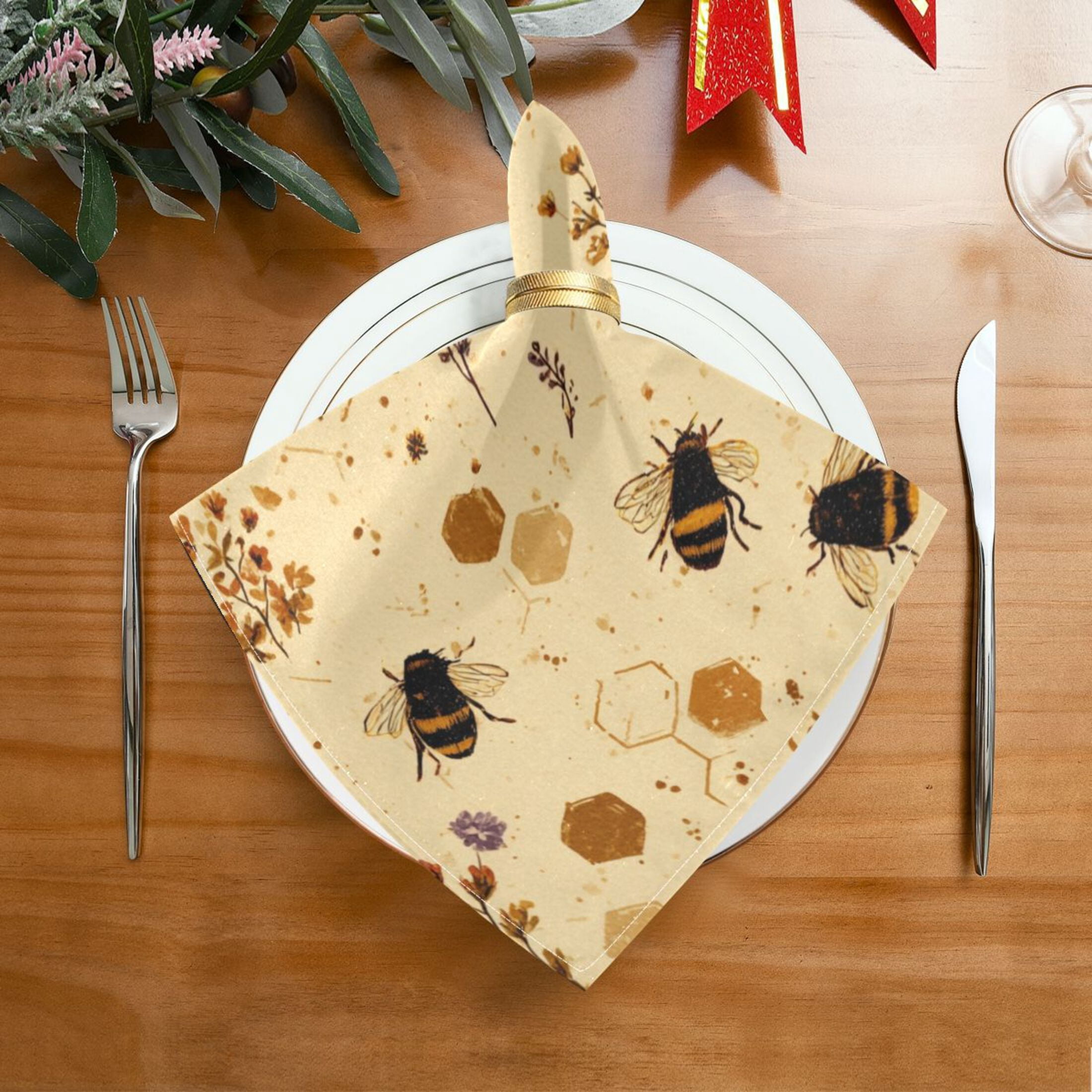 20"x20" Satin Dinner Napkin Bees and Flowers Pattern Table Napkins for ...