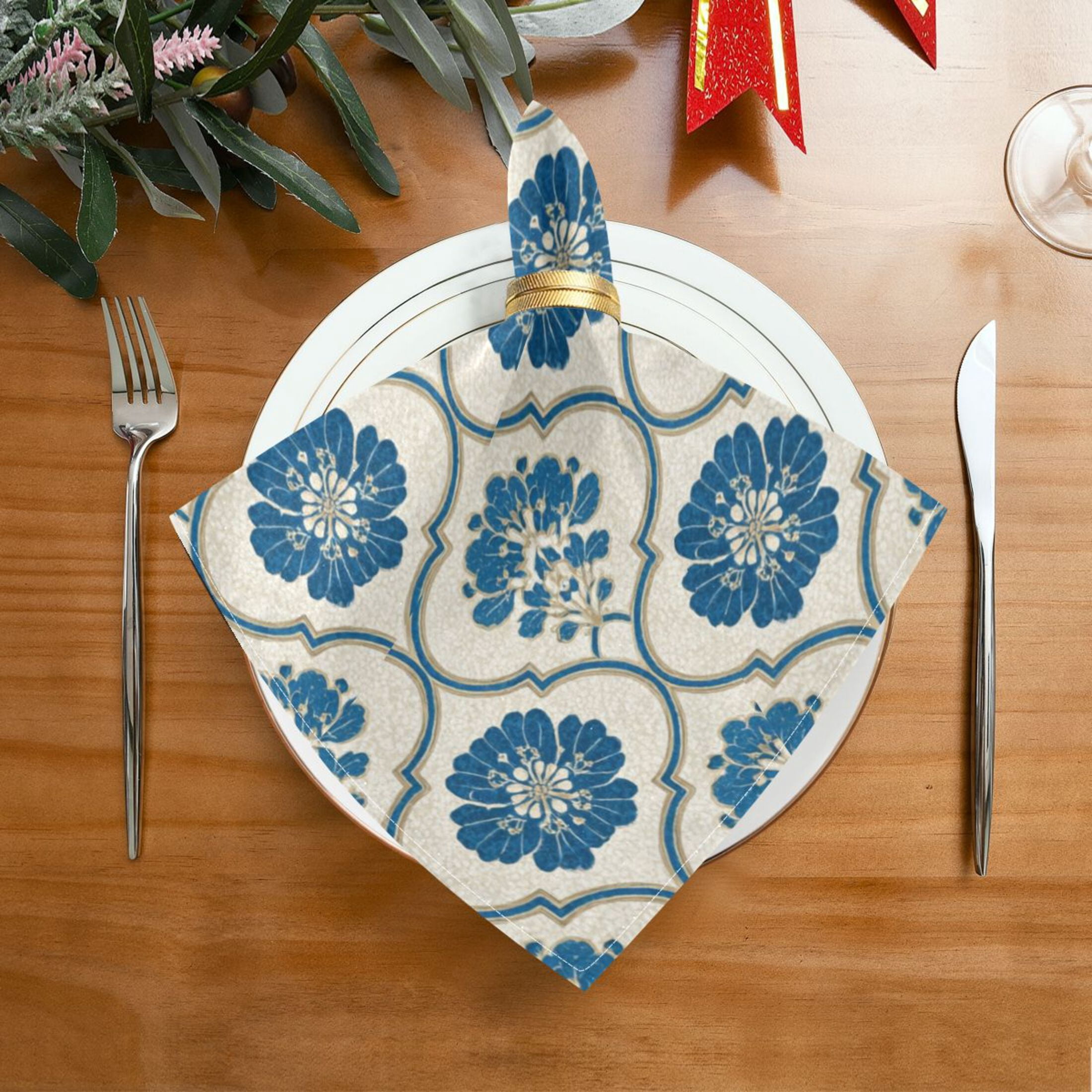 20"x20" Satin Dinner Napkin Blue Symmetrical Floral Pattern Table ...