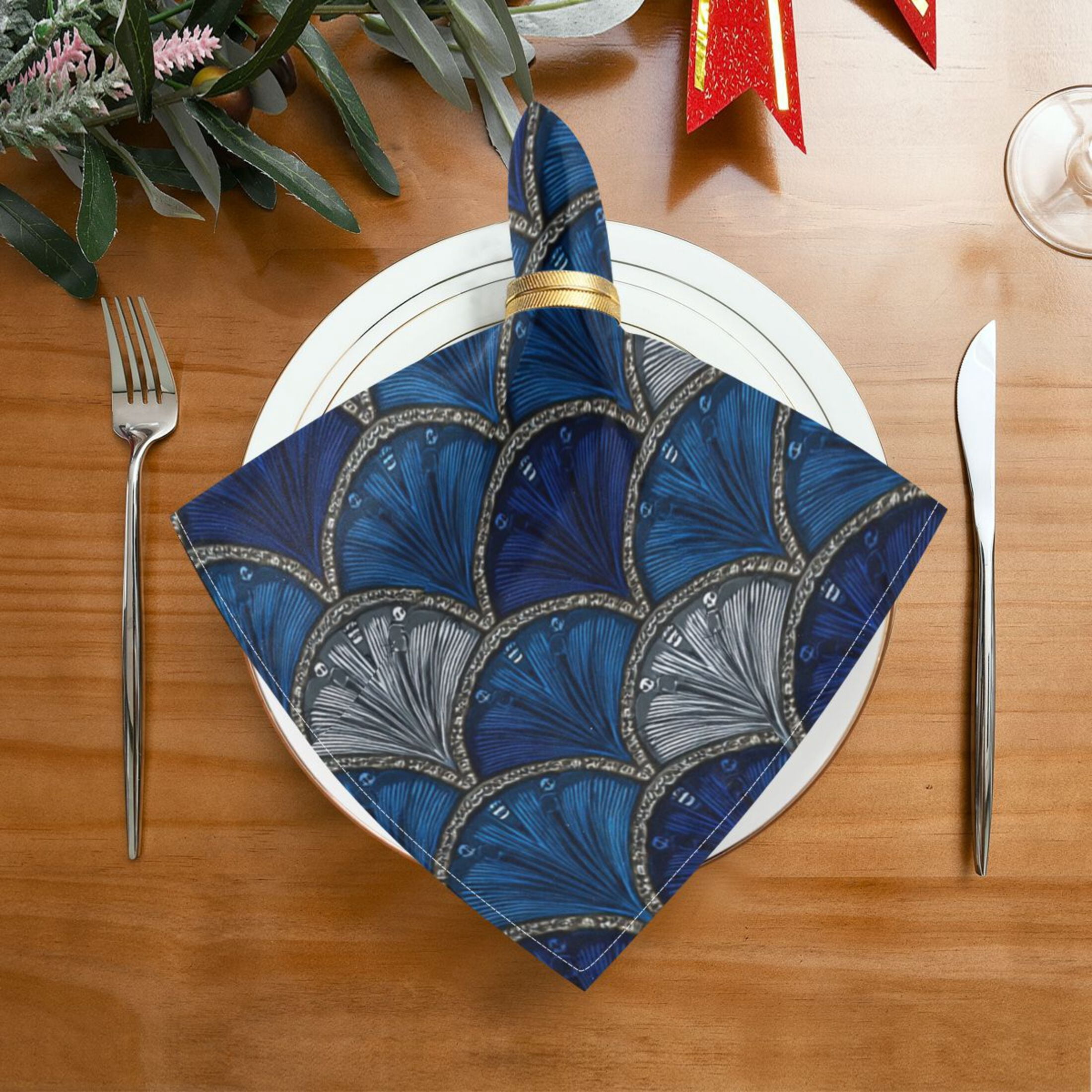 20"x20" Satin Dinner Napkin Dark Blue Fan-shaped Pattern Table Napkins ...