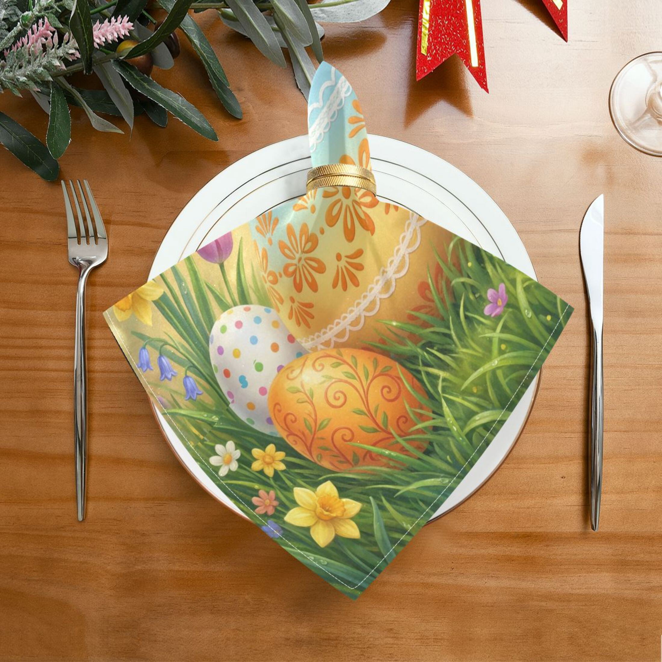 20"x20" Satin Dinner Napkin Decorated Eggs and Flowers Table Napkins ...
