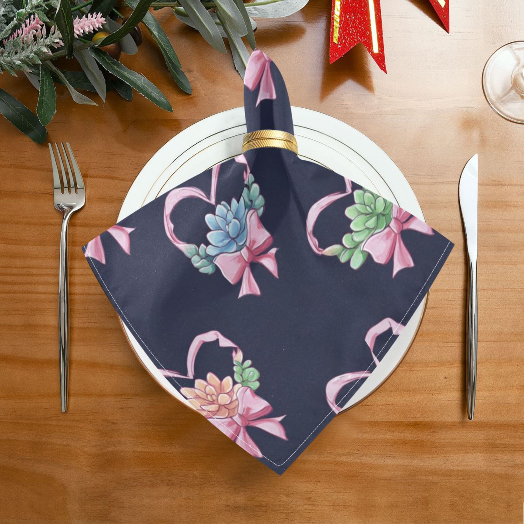 20"x20" Satin Dinner Napkin Heart Shape Succulents Pattern Table ...