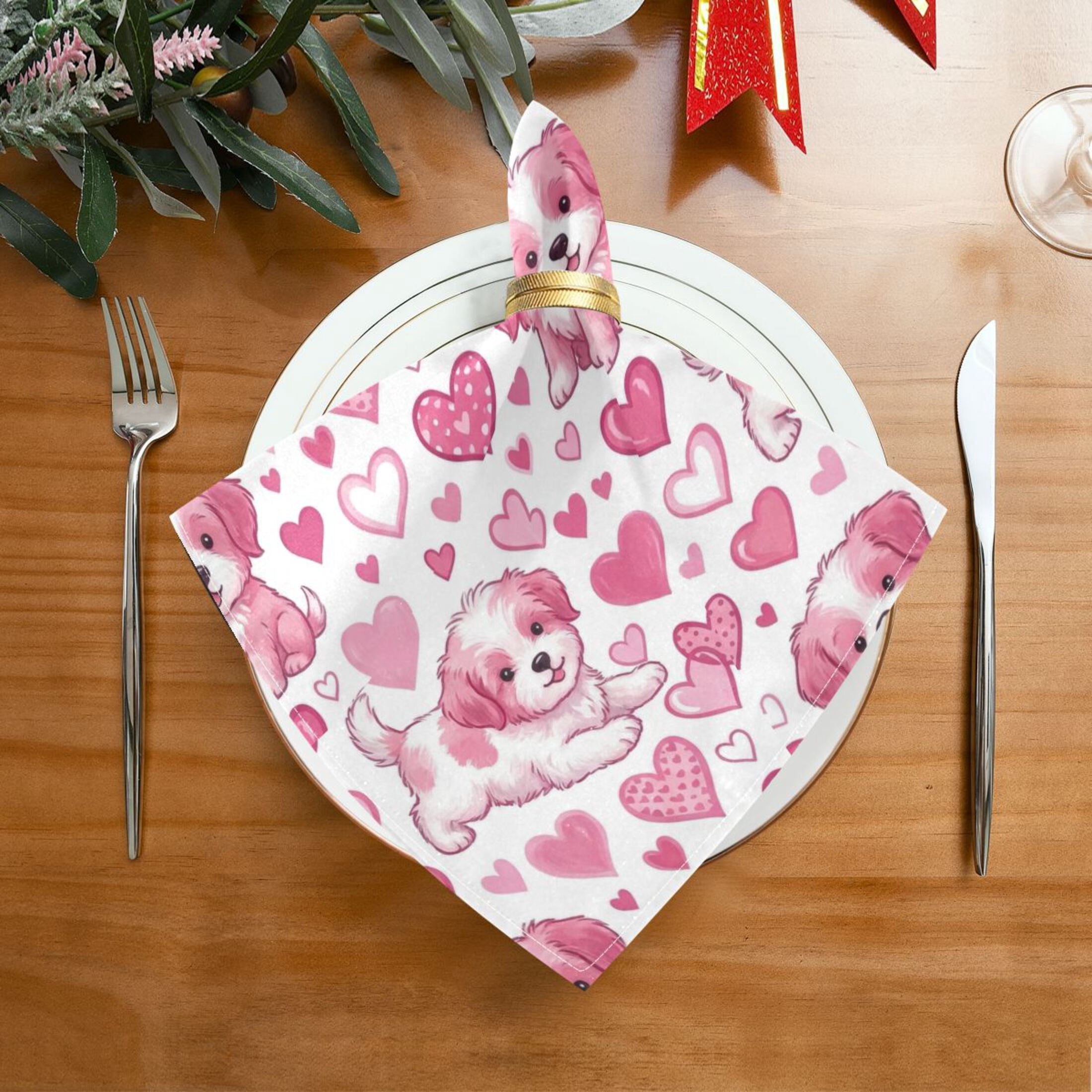 20"x20" Satin Dinner Napkin Pink Dog and Heart Table Napkins for ...
