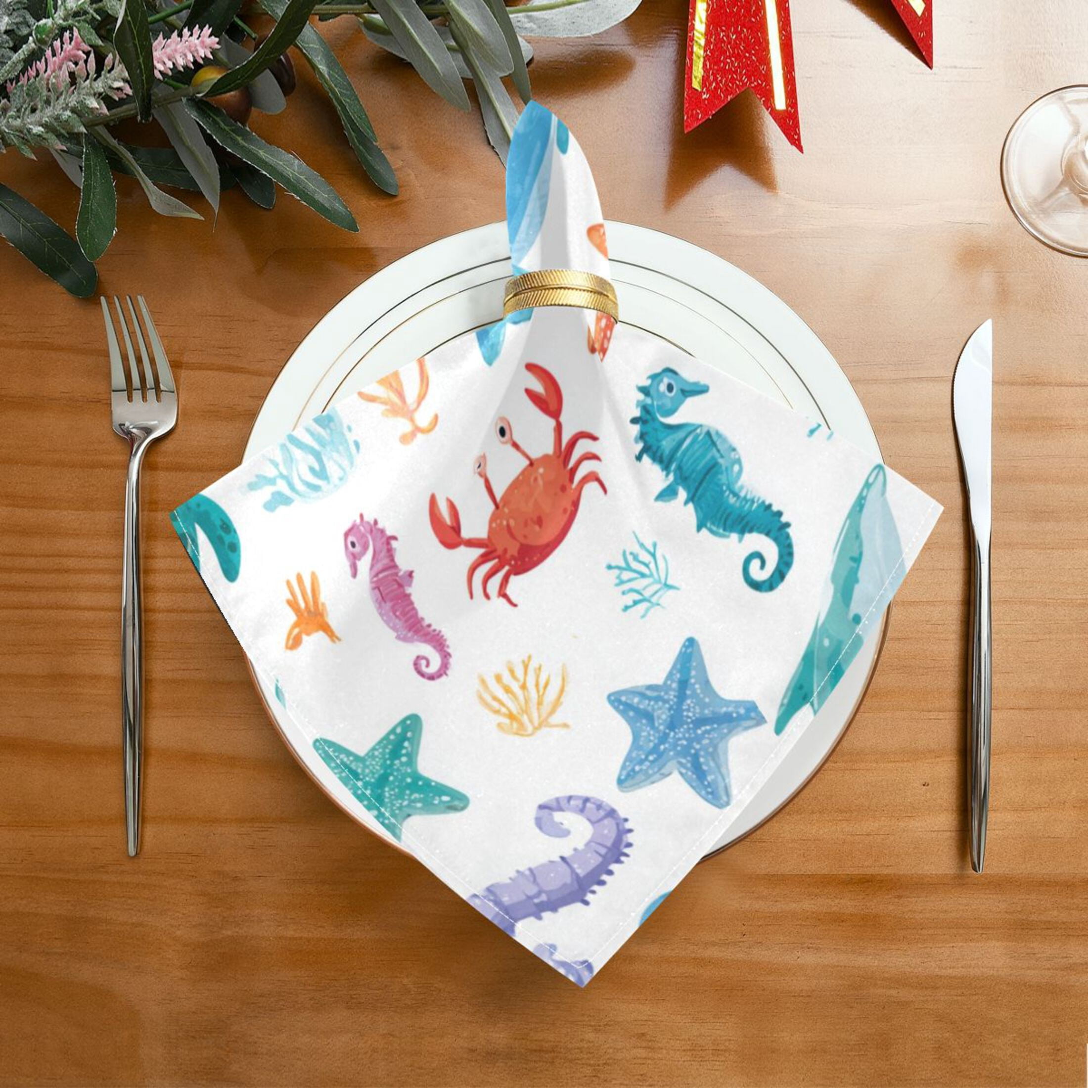 20"x20" Satin Dinner Napkin Playful Sea Animals Pattern Table Napkins ...