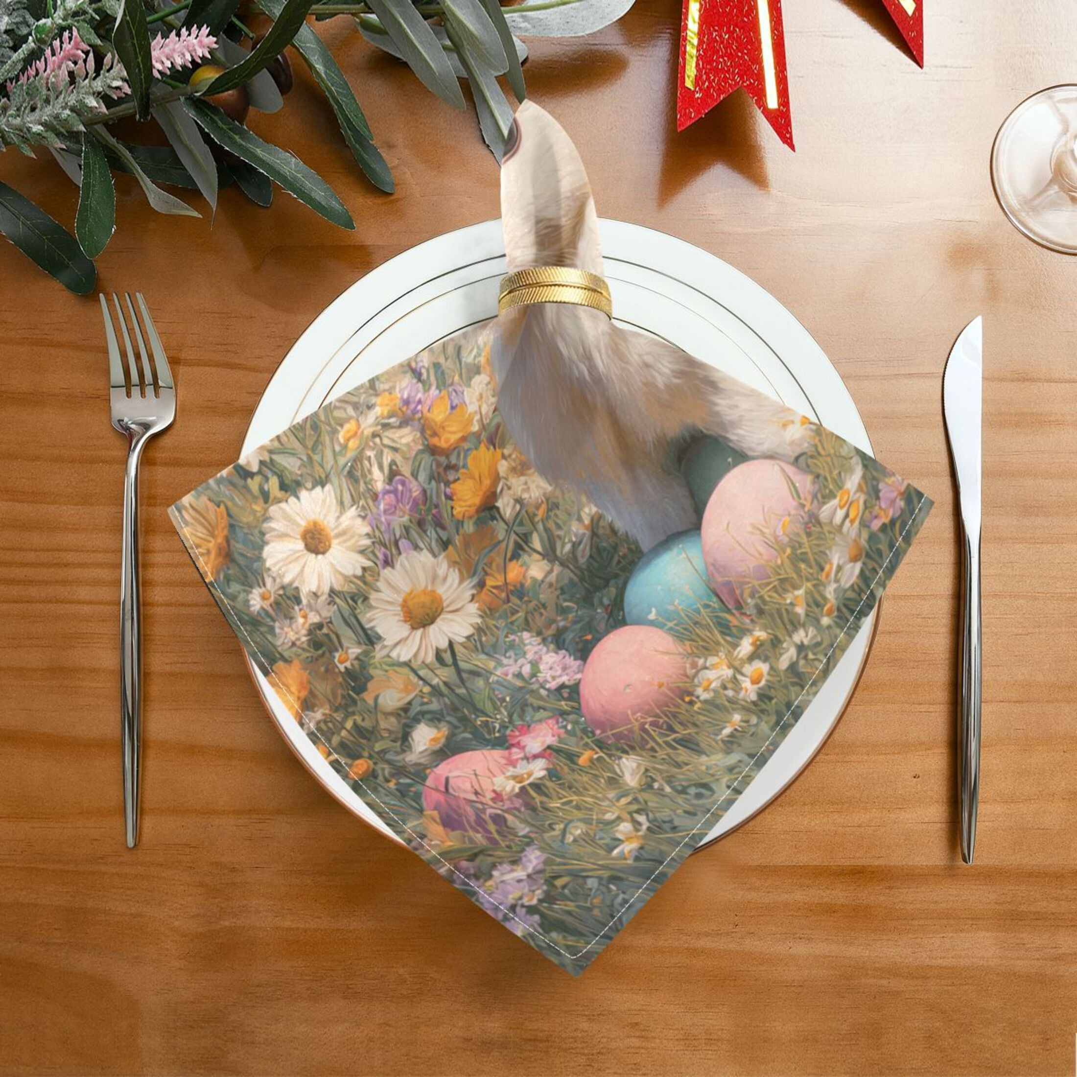 20"x20" Satin Dinner Napkin Rabbit with Flowers Pattern Table Napkins ...