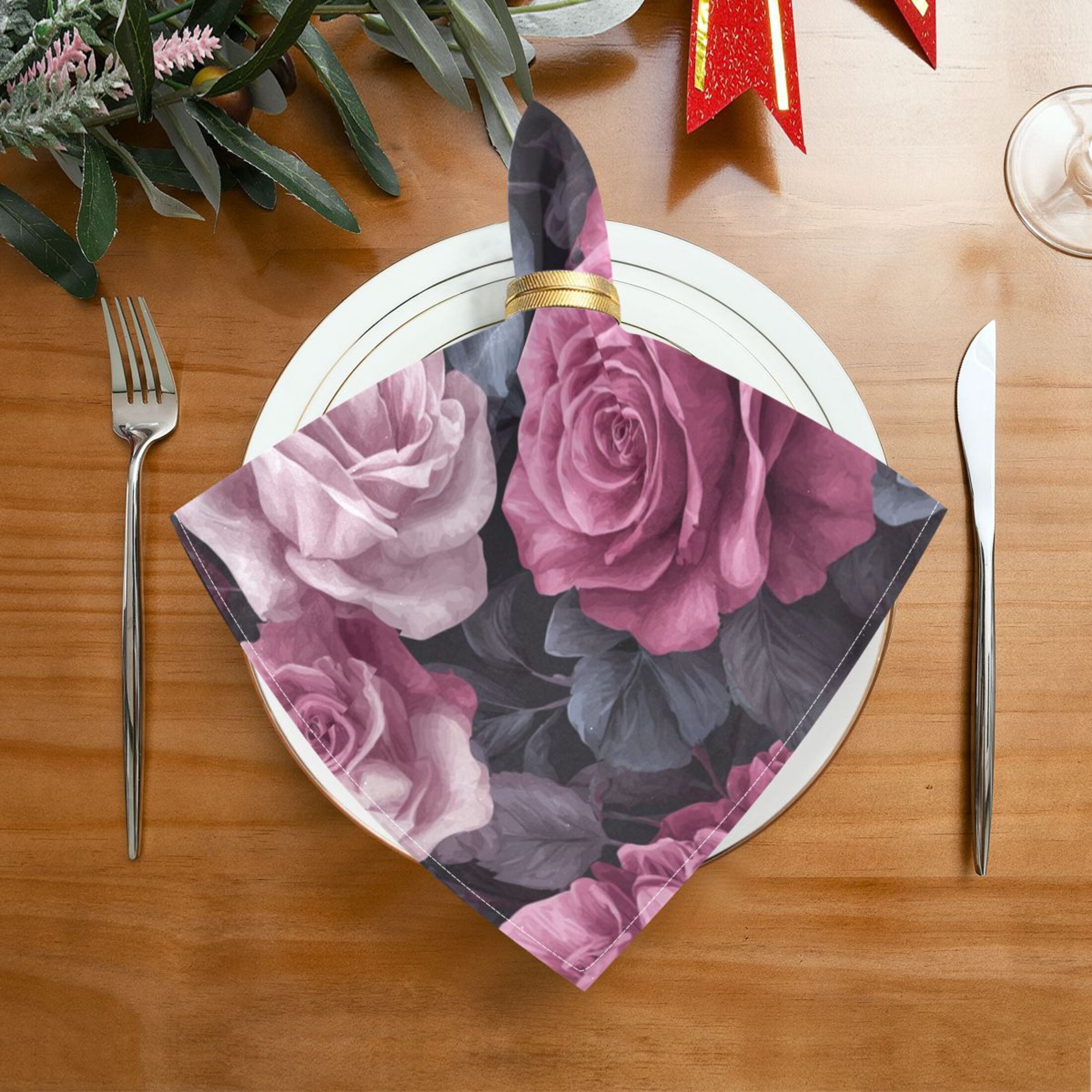 20"x20" Satin Dinner Napkin Roses in Pink and Gray Tones Table Napkins ...