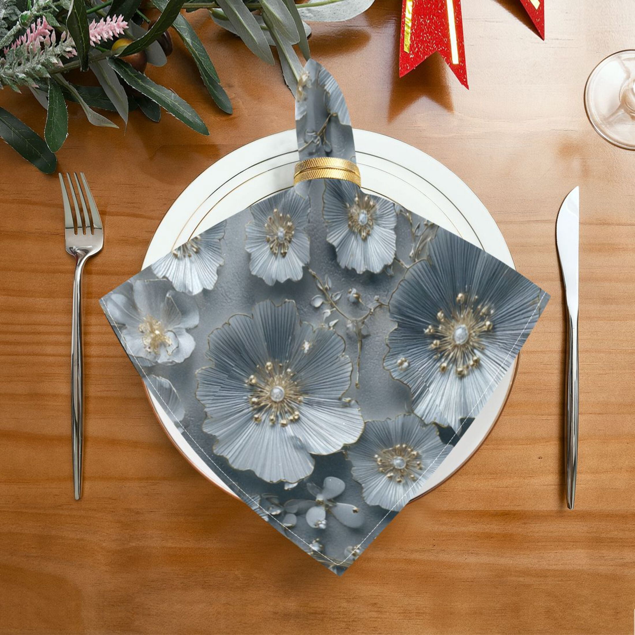 20"x20" Satin Dinner Napkin Silver Flowers Pattern Table Napkins for ...