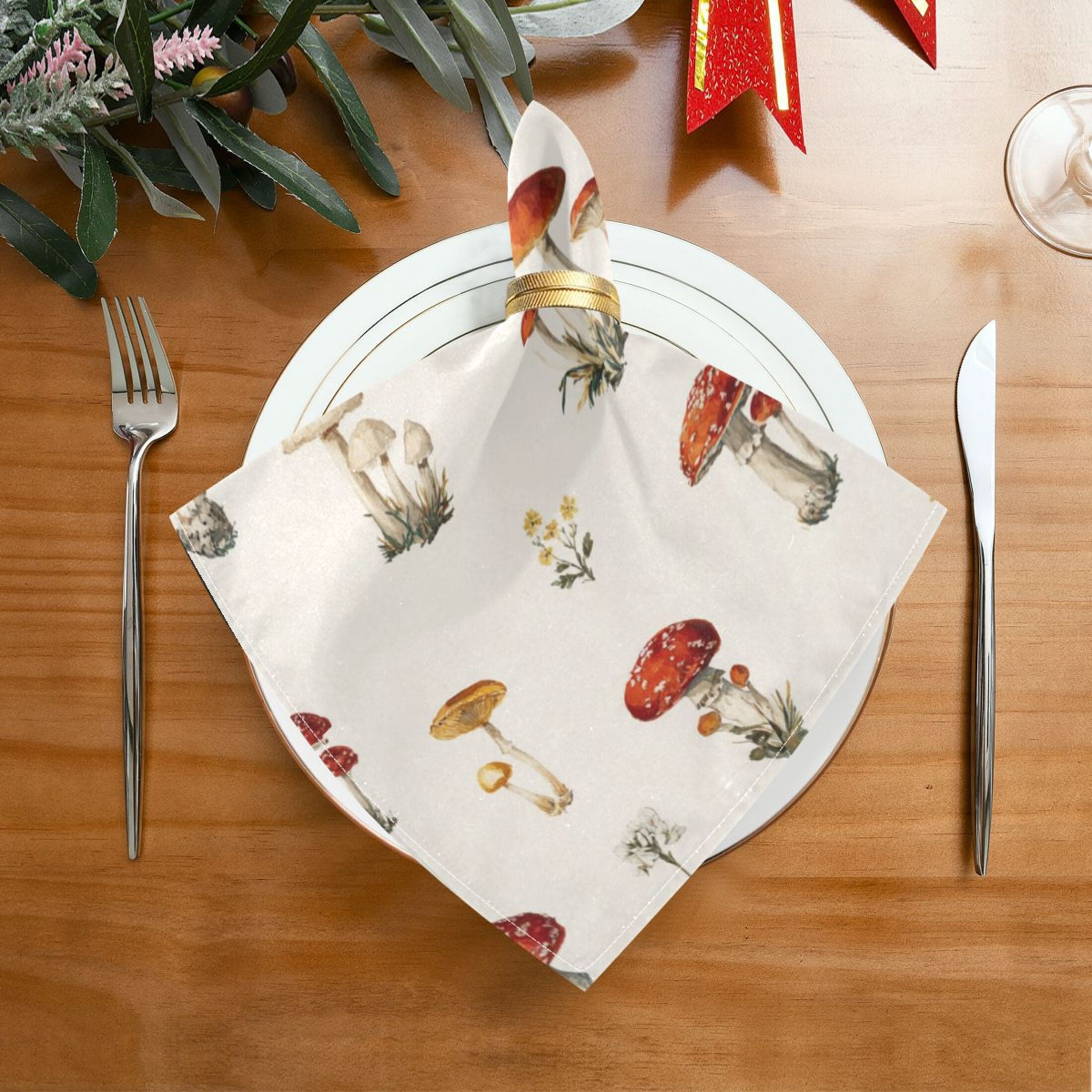 20"x20" Satin Dinner Napkin Watercolor Mushrooms Pattern Table Napkins ...
