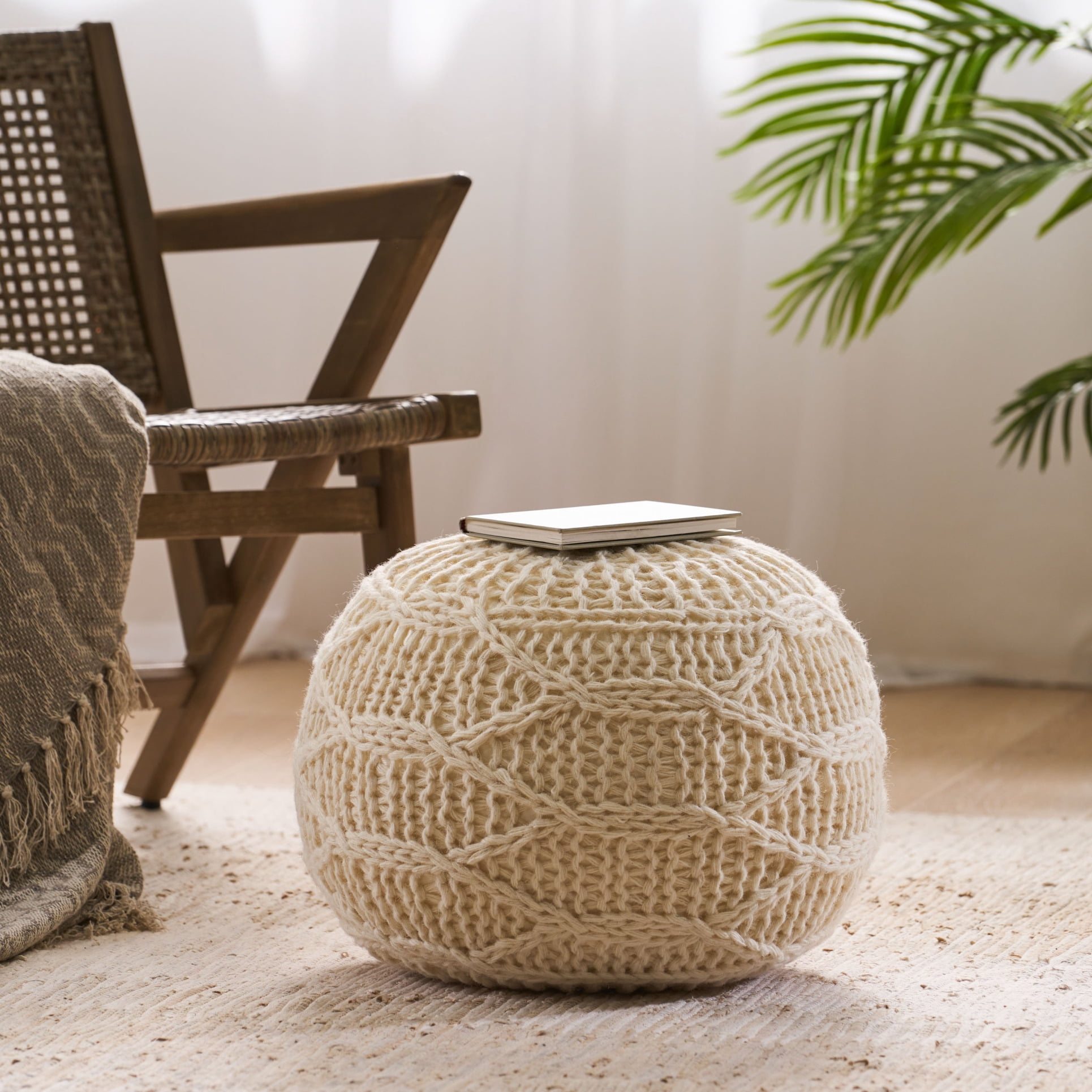 20''x20''x14'' Hand Knitted Round Pouf Ottoman, Braided Boho Pouf ...