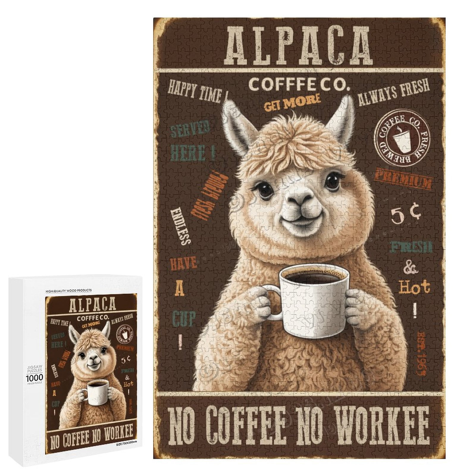 20"x30" Wooden Sign - Alpaca With Coffee, 1000 Piece Puzzle for Adults ...