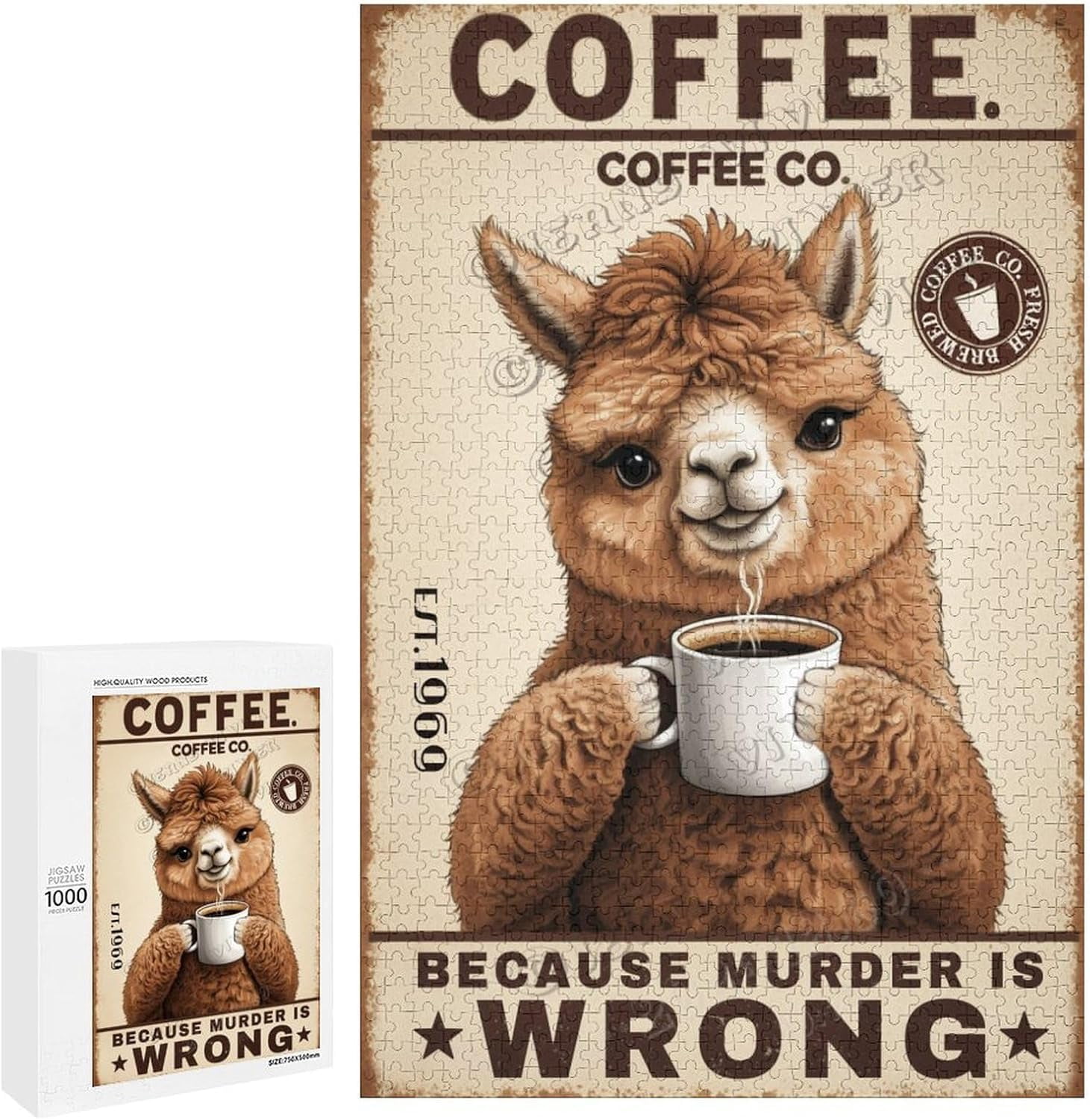 20"x30" Wooden Sign - Alpaca with Coffee, 1000 Piece Puzzle, Ideal for ...