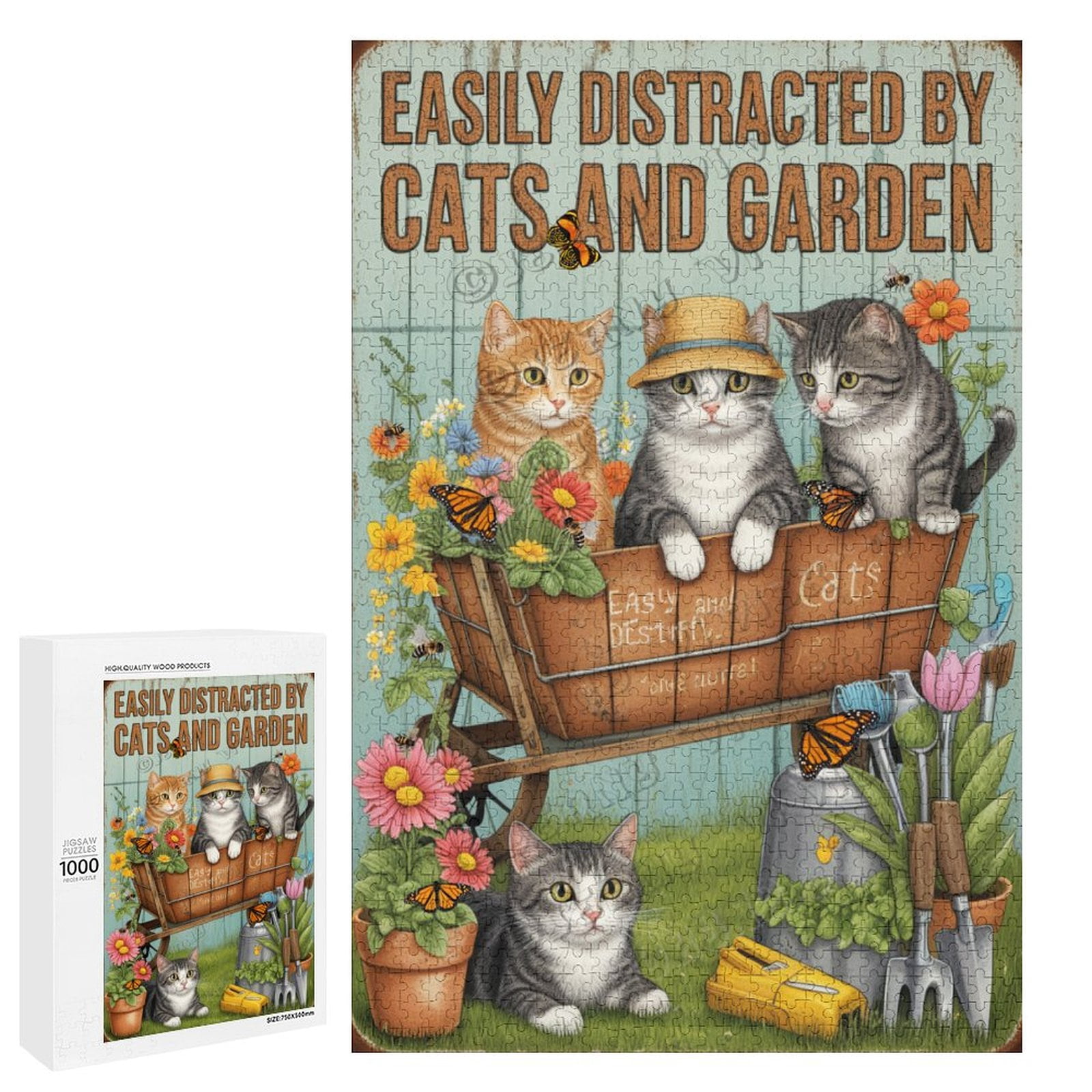 20"x30" Wooden Sign - Cats And Garden, 1000 Piece Puzzle, Perfect for ...