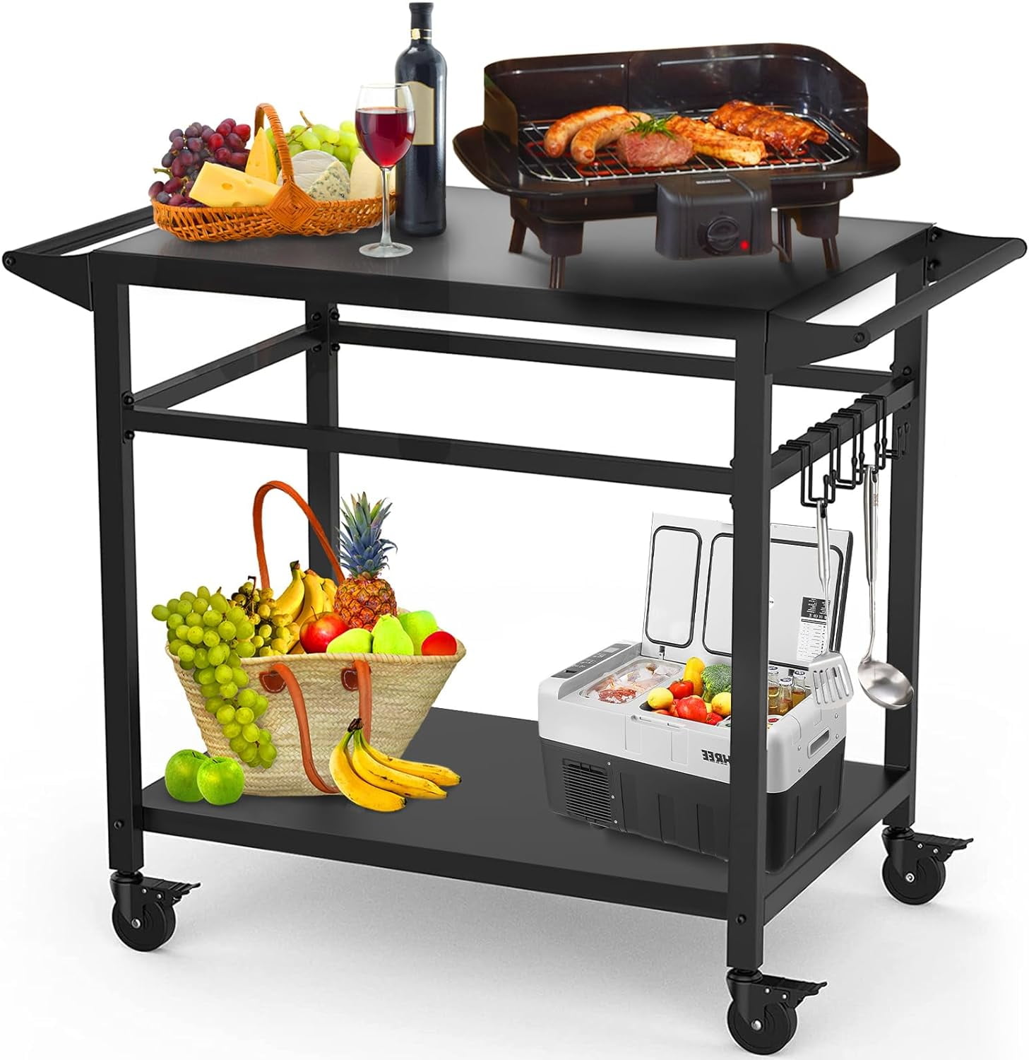 20"x32" Double-Shelf Grill Table Movable Grill Cart, Outdoor Food Prep ...