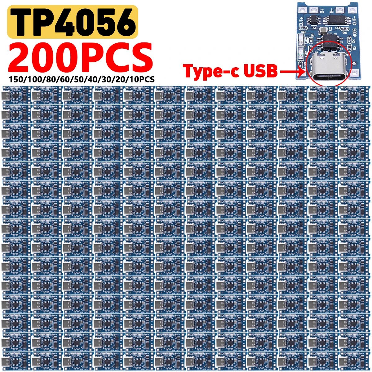 200-10PCS TP4056 5V 1A 18650 Lithium Battery Protection Board Type-C ...