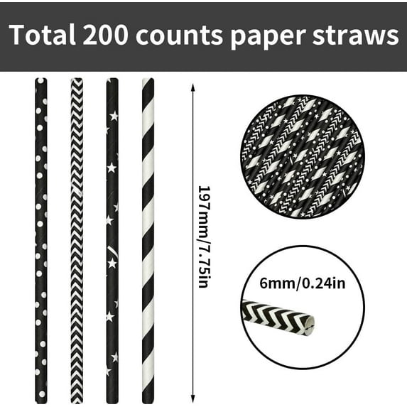 200 Black Straws, Biodegradable Black and White Paper Striped Straws ...