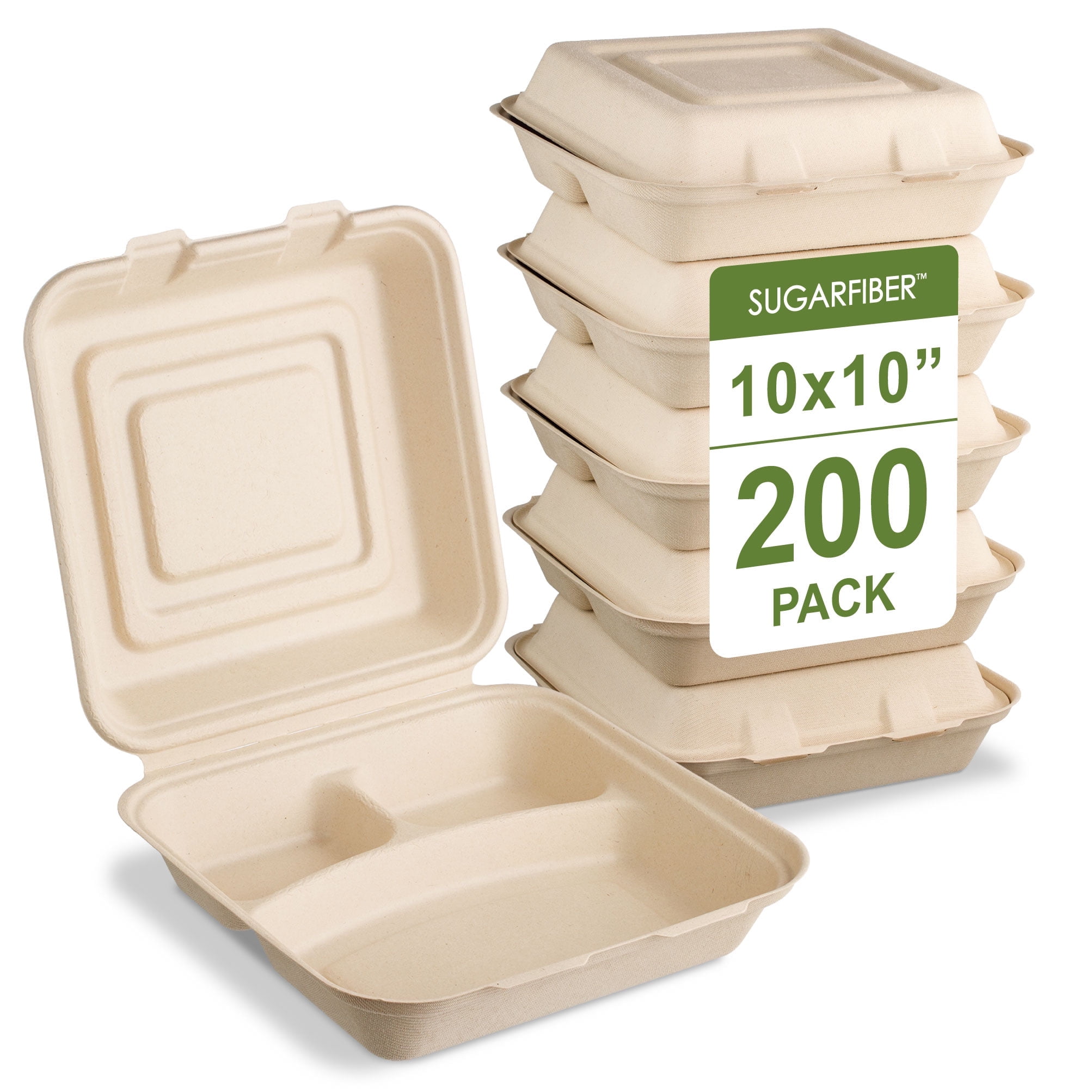 [200 COUNT]Sugarfiber by Harvest Pack 10 X 10" Compostable Clamshell ...