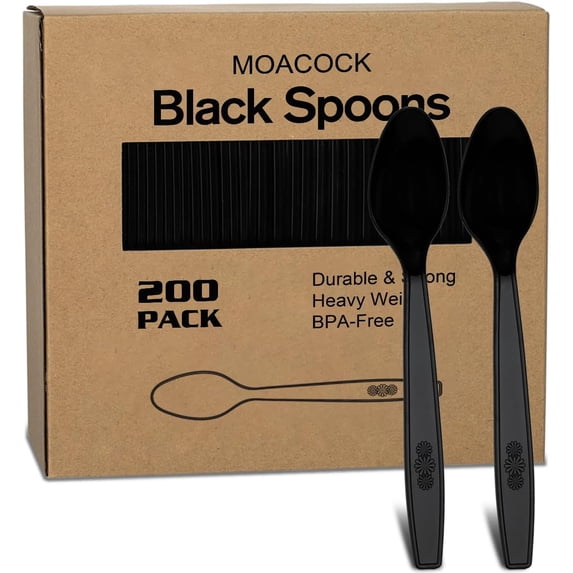 200 Count Black Plastic Spoons, Heavy Weight Disposable Spoons Cutlery ...