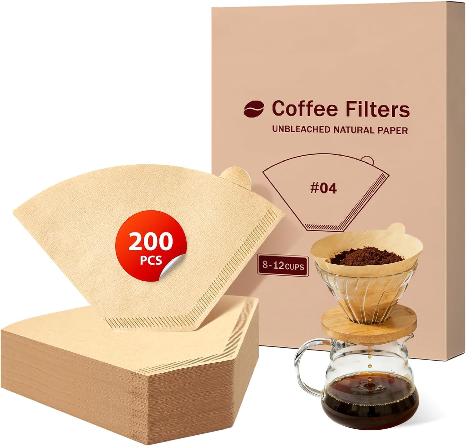 200 Count Coffee Filters #4, Disposable Cone Coffee Filters 8-12 Cup ...