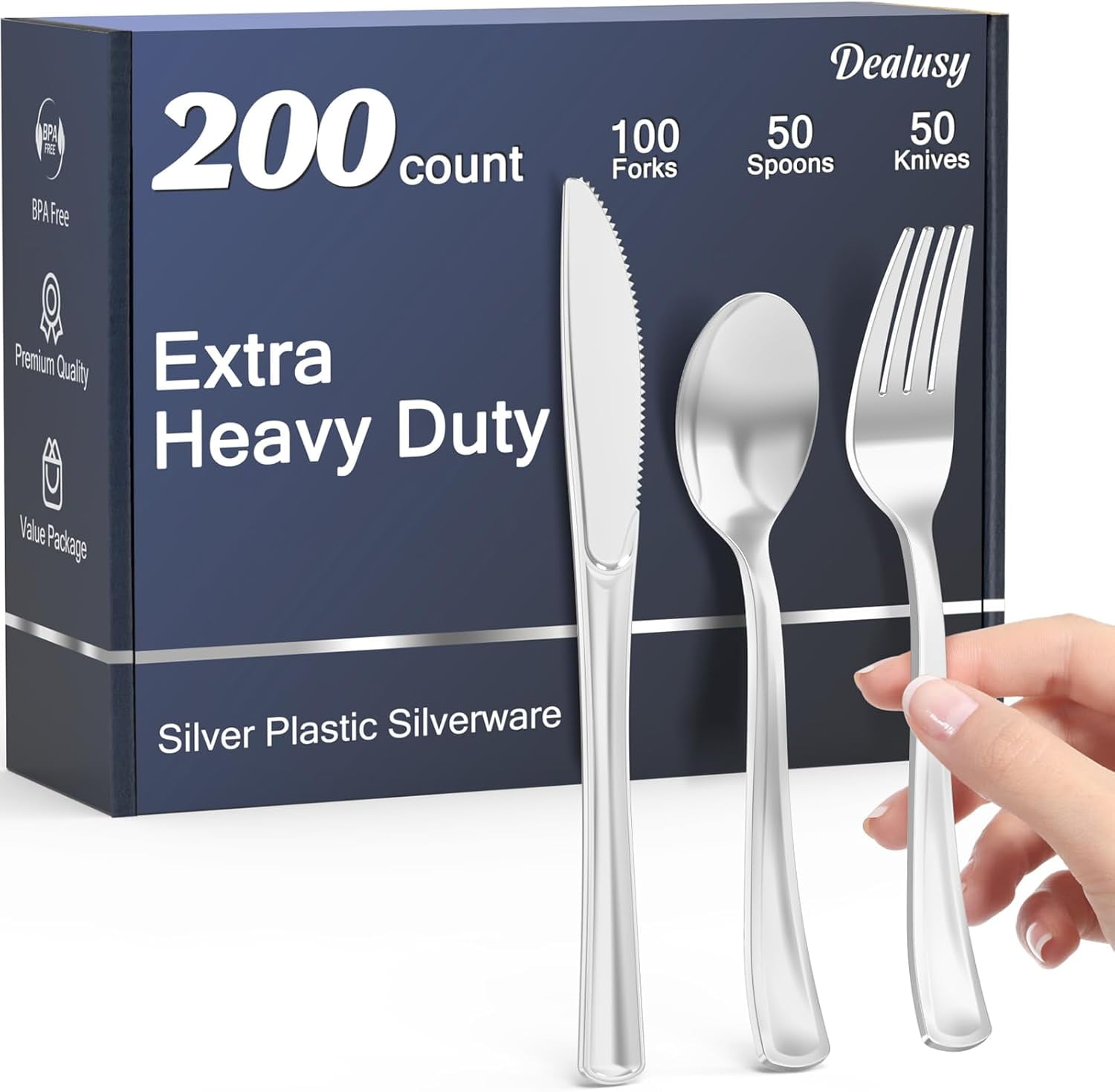 200 Count Heavy Duty Silver Plastic Silverware, 100 Forks, 50 Spoons ...