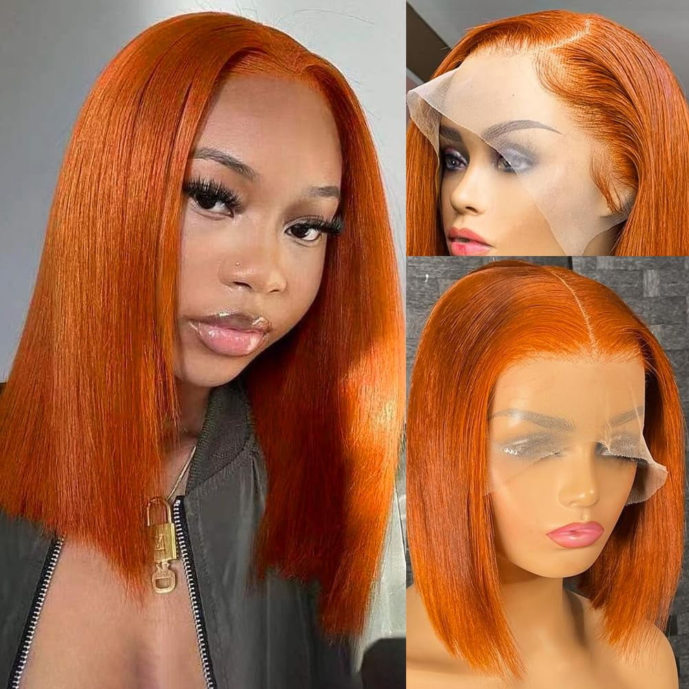 200% Density Ginger Lace Front Bob Wigs Human Hair Short Straight 13x4 ...
