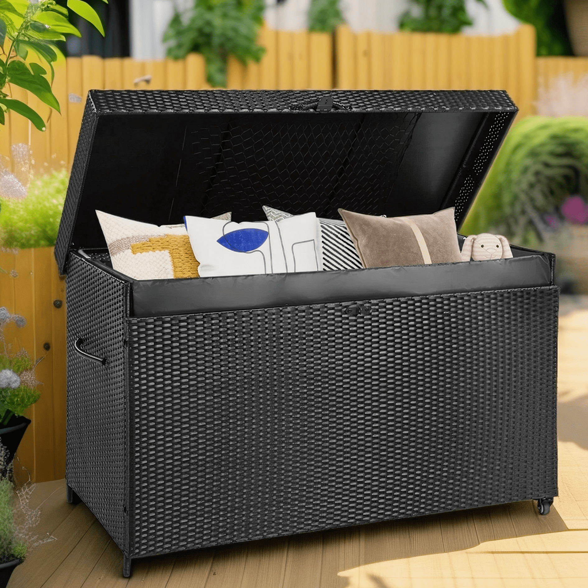 200 Gallon Wicker Deck Box with Lockable Lid, Outdoor Storage Box with ...