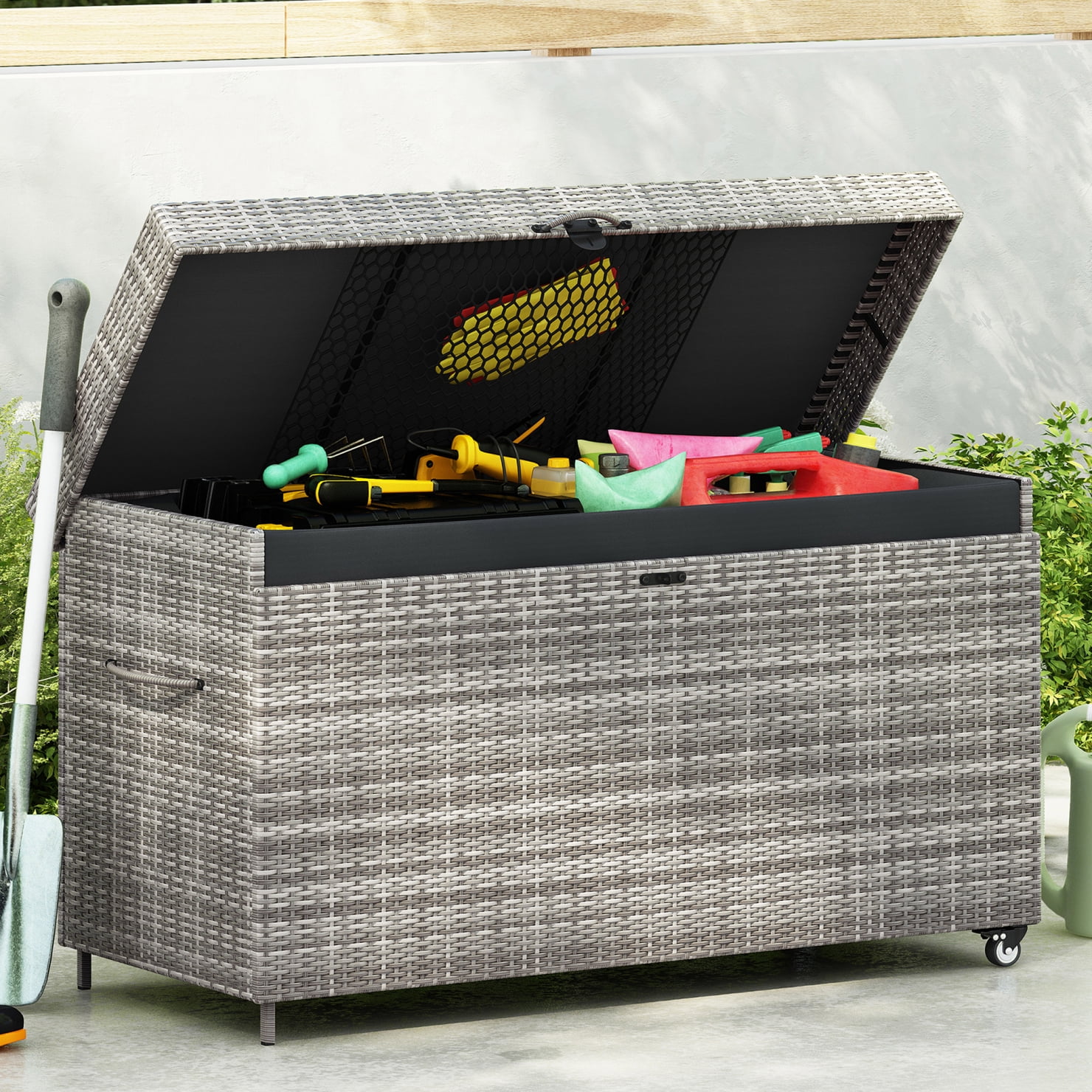 200 Gallon Wicker Deck Box with Wheels, All-Weather Outdoor Storage Box ...
