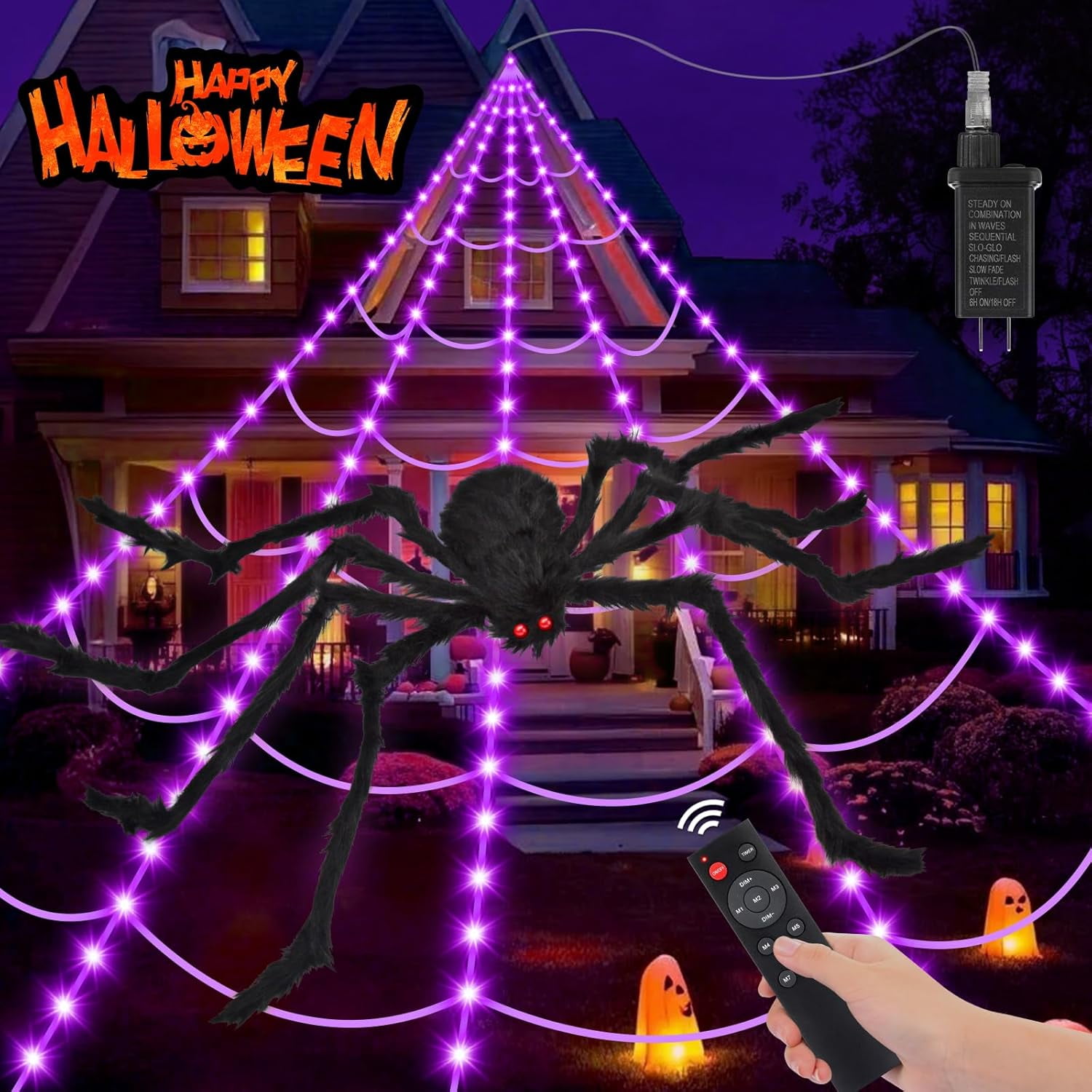 200" Halloween Spider Web + 59" Giant Spider Decorations Fake Spiders ...