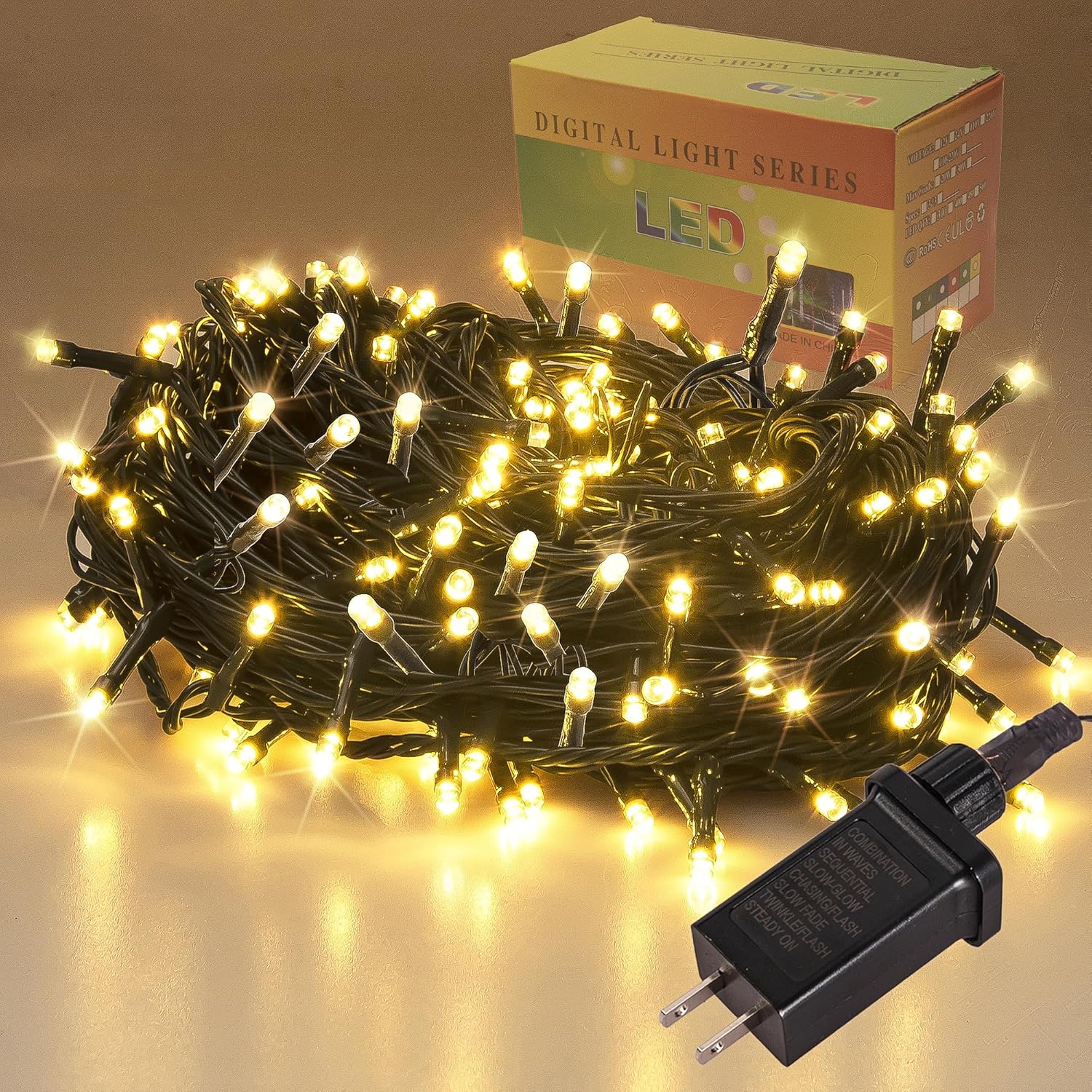 200 LED String Lights 66ft Warm White, Black-Green Wire Plug in Fairy ...