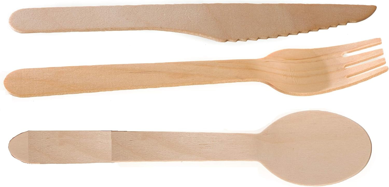[200 PACK] Disposable Wooden Cutlery Set 3 in 1 - Wooden Fork, Knife ...