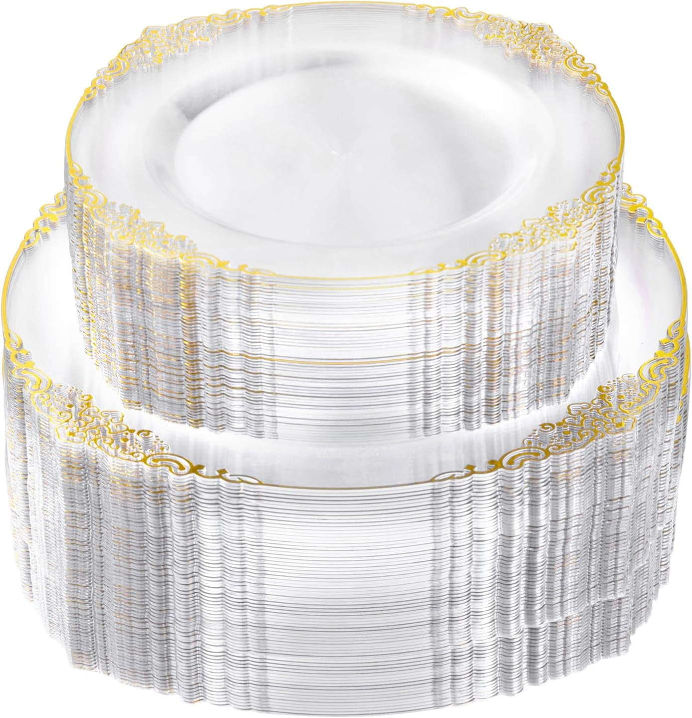 200 PCS Clear and Gold Plastic Plates for 100 Guests, Elegant Clear ...