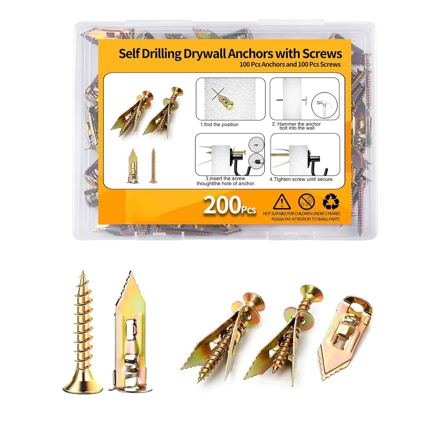 200 PCS Drywall Self Drilling Anchors with Screws Kit,100 PCS Sheetrock ...