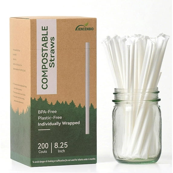 200 PCS Individually Wrapped 8” Compostable Straws Compost Disposable ...