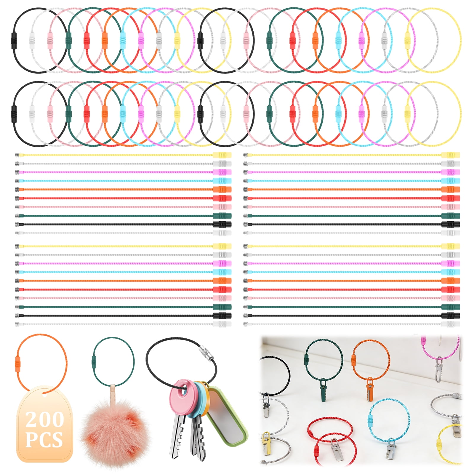 200 PCS Keychain 5.9 Inches Wire Ring 0.059 Inches Thickness Cable Loop ...