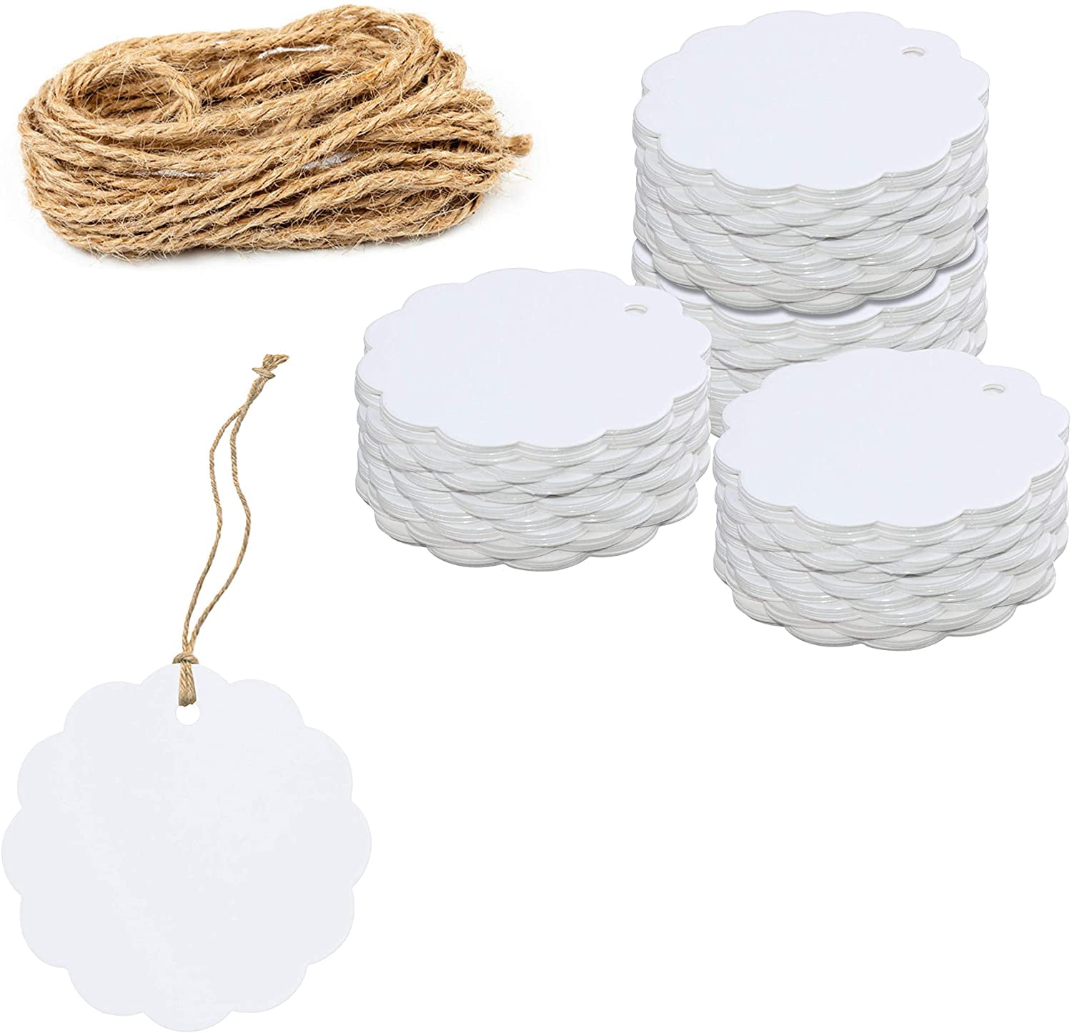 200 PCS White Kraft Scalloped Paper Gift Tags with 100 Feet Natural ...