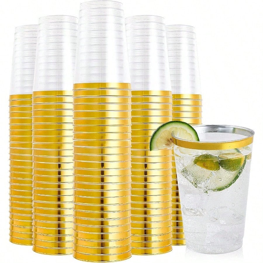 200 Pack 12 oz Gold Rimmed Plastic Cups Clear Plastic Cups Tumblers ...