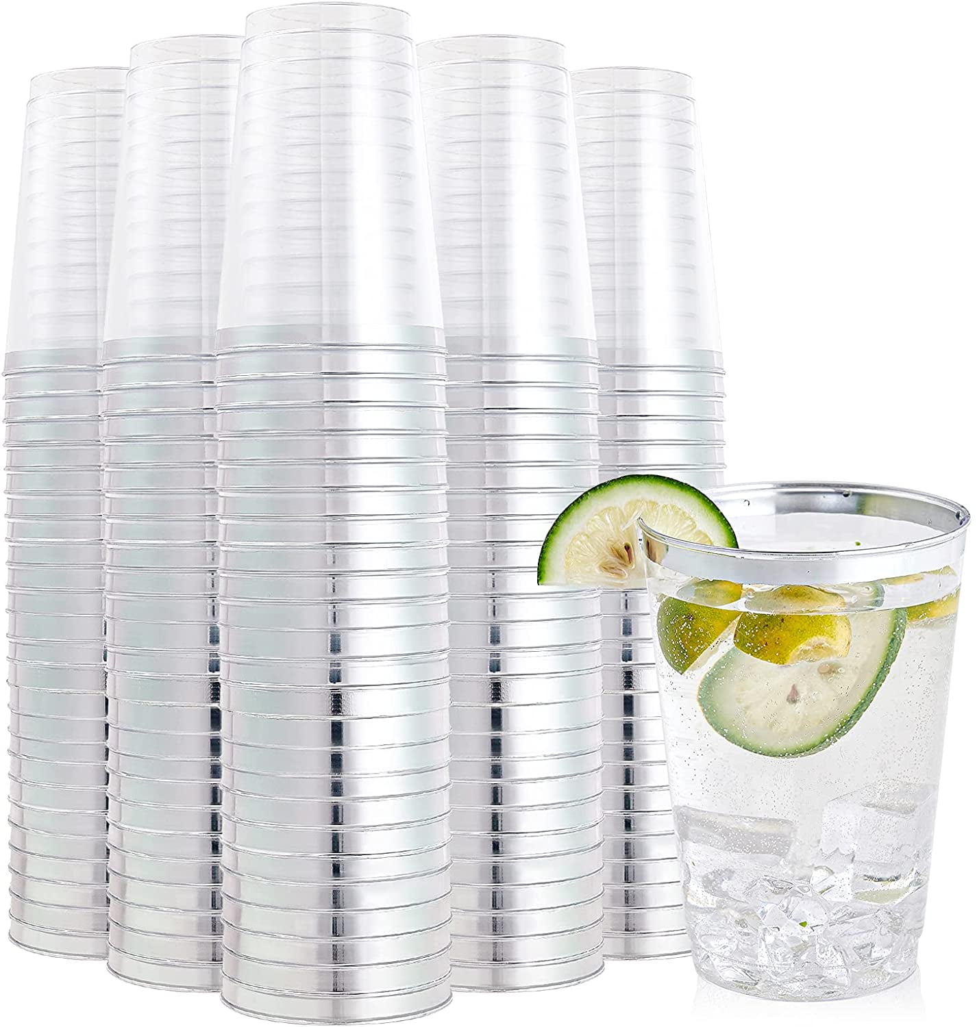 200 Pack 12 oz Silver Rimmed Plastic Cups, Clear Plastic Cup 12 Ounce ...