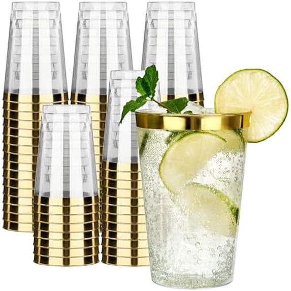 200 Pack 12oz Gold Rimmed Plastic Cups, Heavy Duty Disposable Glasses ...