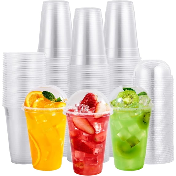 200 Pack 16oz Clear Plastic Cold Drink Cups with Dome Lids, Disposable ...