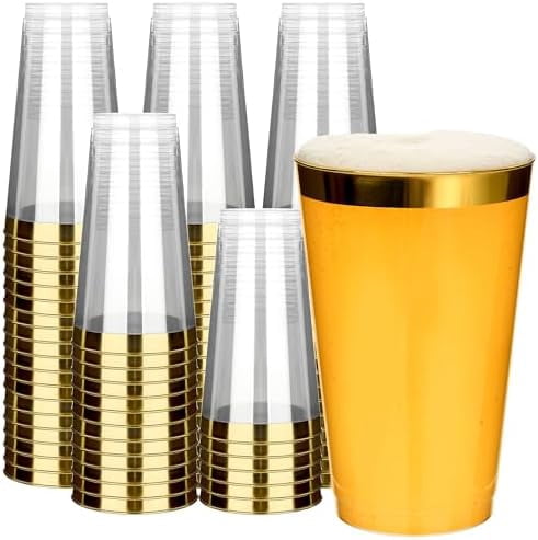 200 Pack 16oz Gold Rimmed Plastic Cups, Heavy Duty Disposable Glasses ...