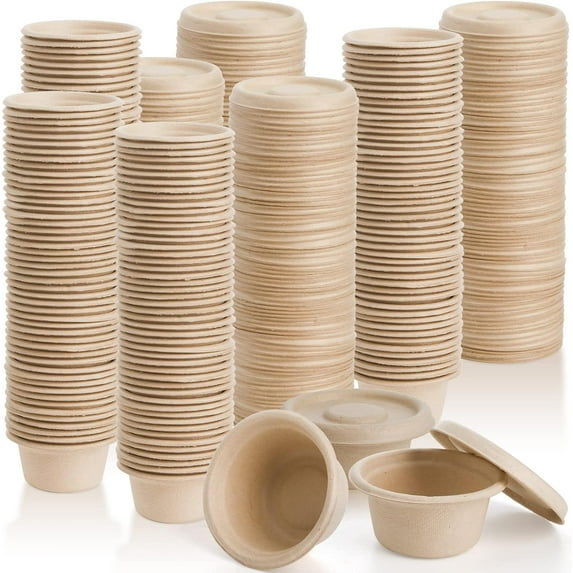 200 Pack 2 oz Natural Bagasse Fiber Cups with Lids, Paper Tasting Cups ...