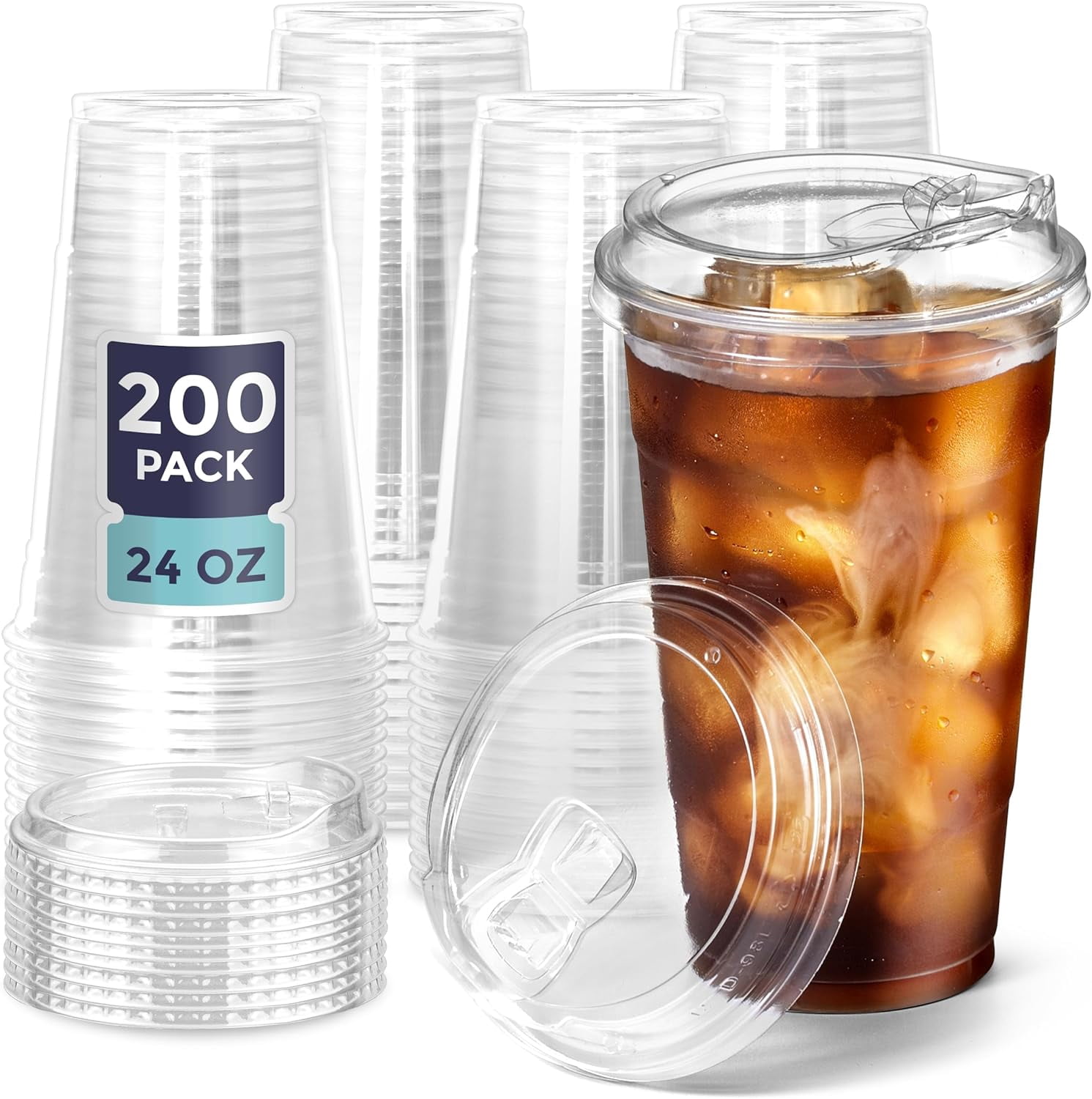200 Pack 24 oz Clear Plastic Cups with Strawless Sip Lids, Disposable ...