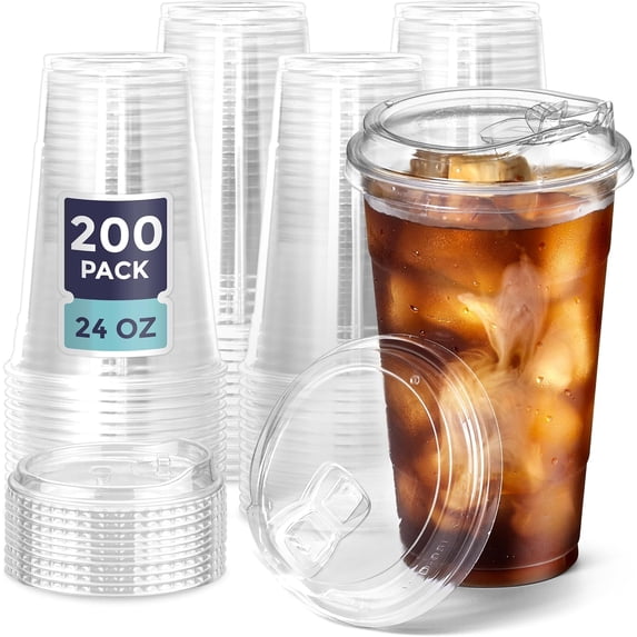 200 Pack 24 oz Clear Plastic Cups with Strawless Sip Lids, Disposable ...