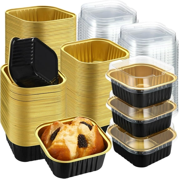 200 Pack 5 oz Square Baking Cups with Lids Aluminum Foil Mini Cake Pans with Lids Disposable ...