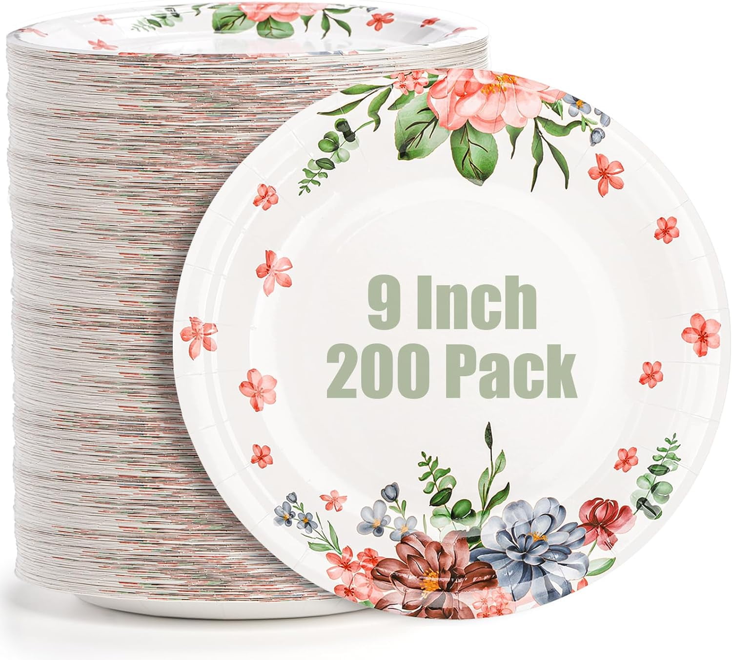 200 Pack 9 Inch Disposable Paper Plates, Heavy Duty Dinner Paper Plates ...