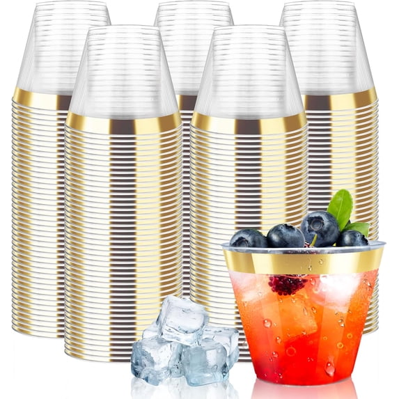 [200 Pack] 9oz Clear Plastic Cups with Gold Rimmed Sturdy & Food Safe ...