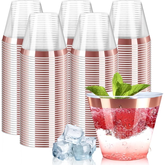 [200 Pack] 9oz Clear Plastic Cups with Rose Gold Rimmed Sturdy & Food ...