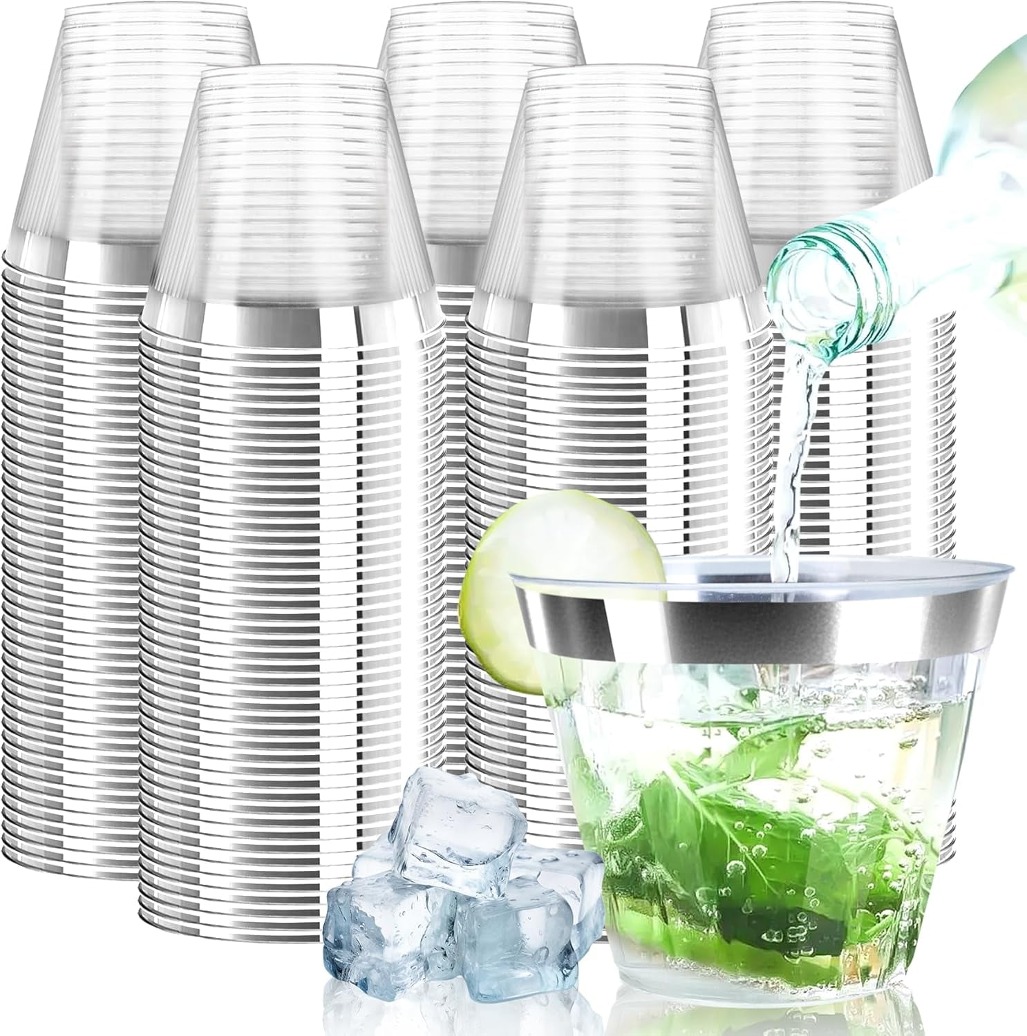 [200 Pack] 9oz Clear Plastic Cups with Silver Rimmed Sturdy & Food Safe ...