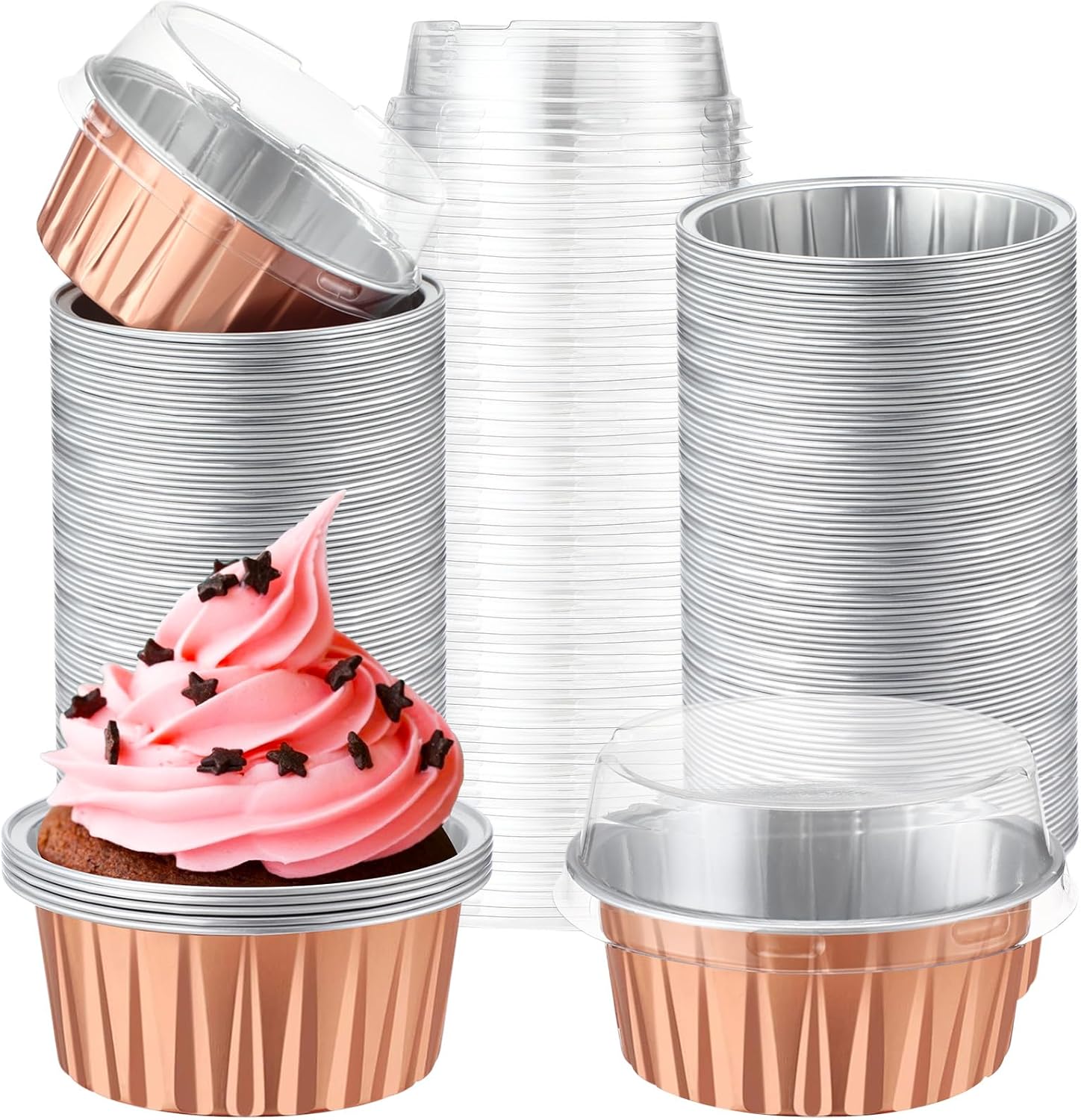 200 Pack Aluminum Foil Cupcake Liners with Lids,5 oz Round Baking Cup ...