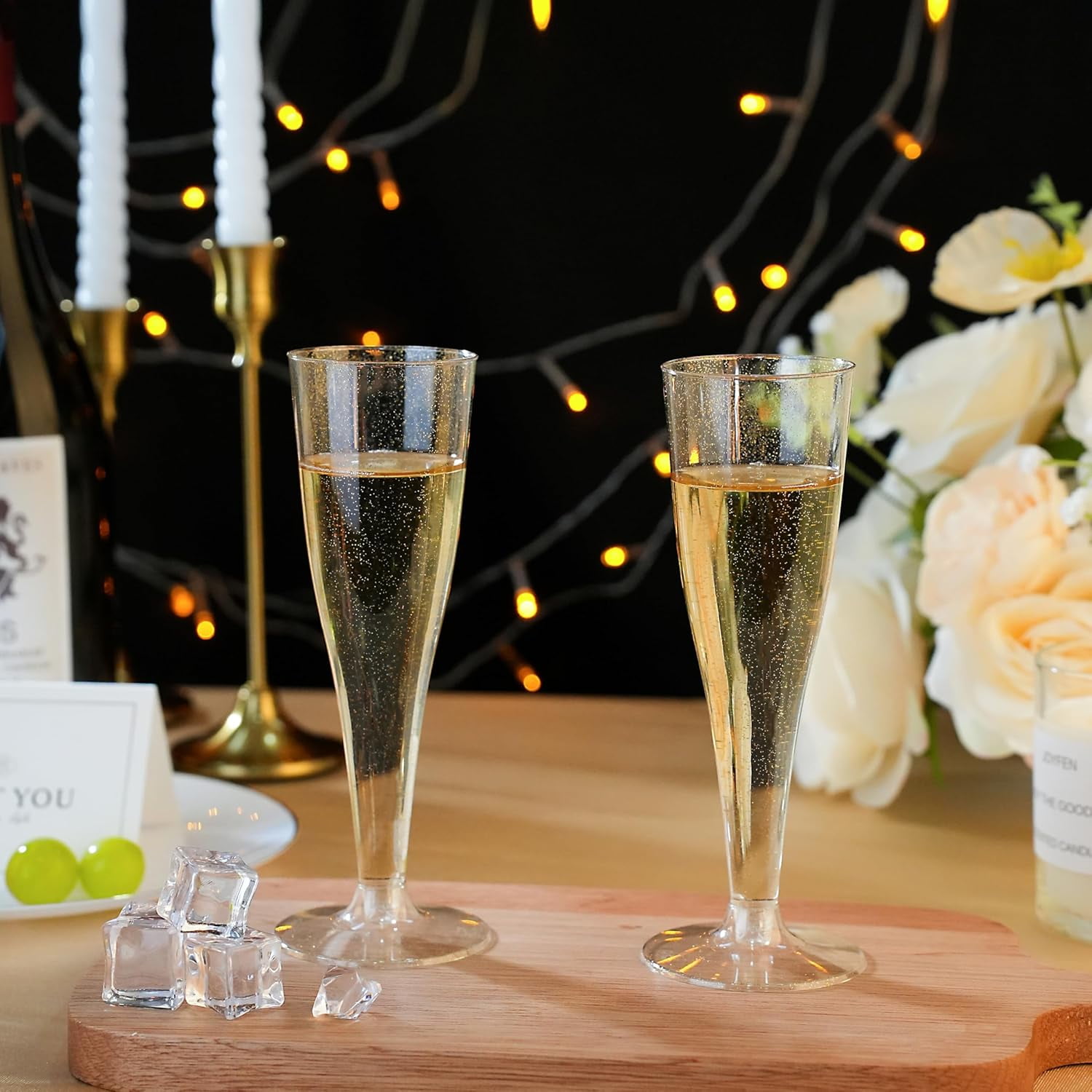 200 Pack Champagne Flutes Plastic, 4.5 oz Gold Glitter Plastic ...