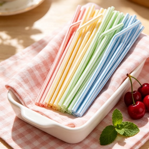 200 Pack Disposable Plastic Drinking Straws, Multi Color Striped ...
