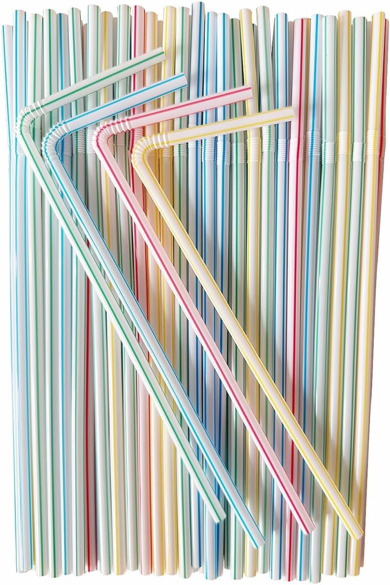 [200 Pack] Flexible Disposable Colorful stripe Plastic Straws for ...